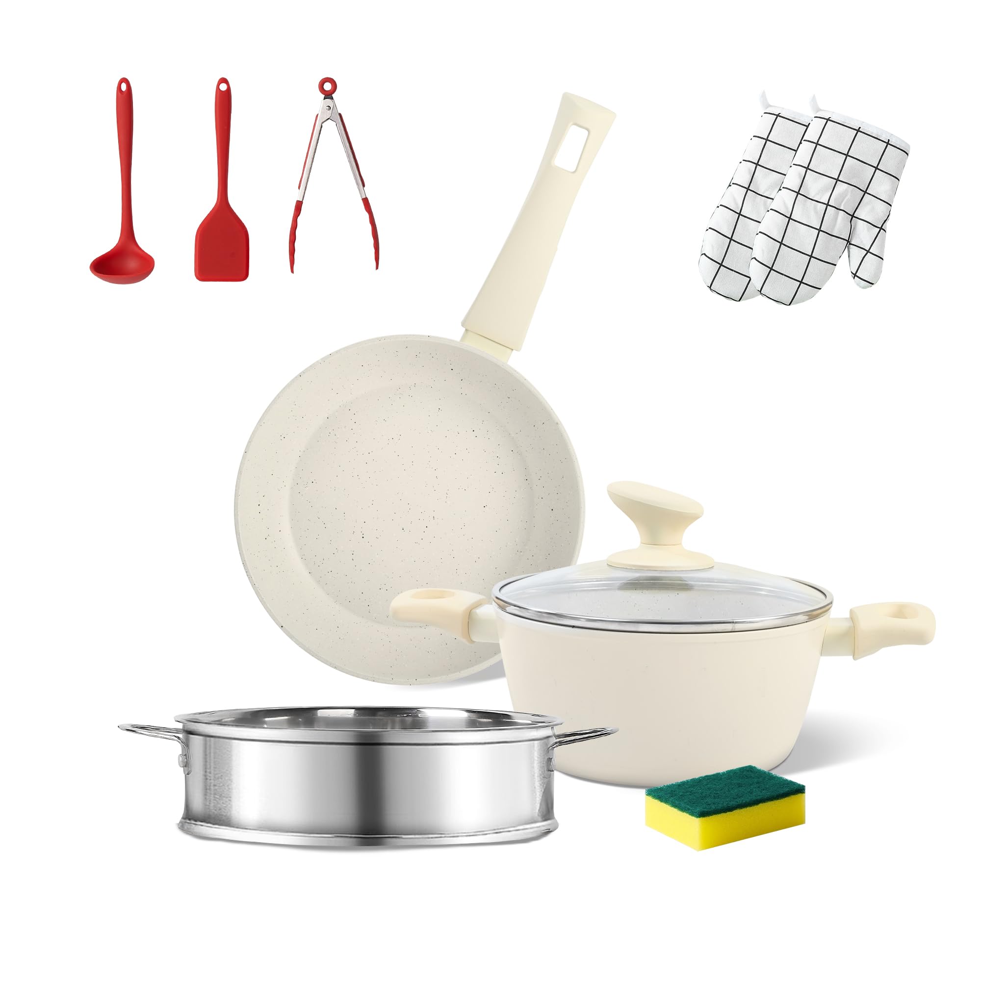 NICOMOW Kitchen Utensils Basic Kitchen Utensils,Non-Stick Coating Inside,Non-Slip Handles,Heat Resistant Lacquer (Set of 9),Easy to Clean,White