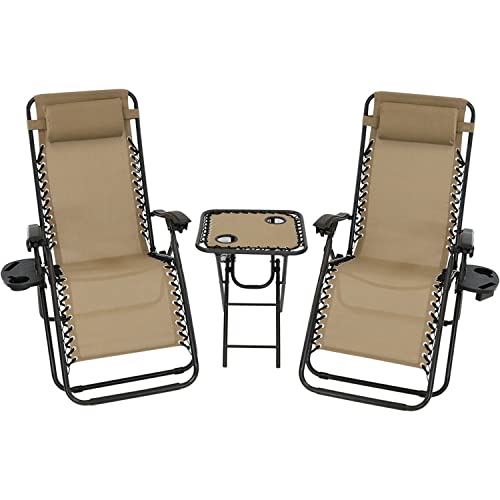 Sunnydaze Outdoor Zero Gravity Chair 2 Pack with Patio Table Cupholders and Pillows Included Khaki