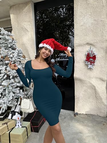 HYZ Women's Sexy Bodycon Long Sleeve Square Neck Work Party High Stretchy Midi Dress Indigoblue