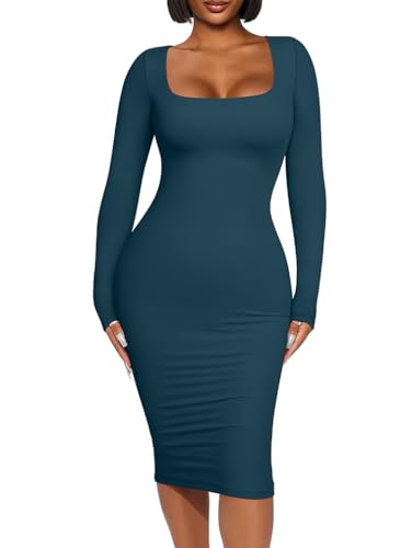 HYZ Women's Sexy Bodycon Long Sleeve Square Neck Work Party High Stretchy Midi Dress Indigoblue