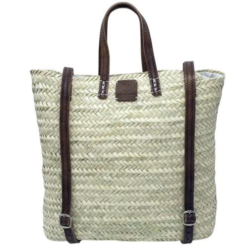 LA Collections Natural Straw and Leather Bag, Backpack, Tote, Adjustable Leather Straps, Perfect for Beach, Shopping, Market, Picnic, Music festival. Handcrafted by Moroccan artisans.