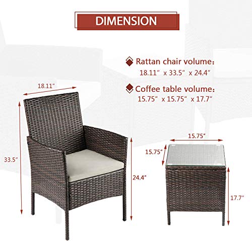 Cemeon 3-Piece Patio Bistro Set Outdoor Conversation Set, Brown Wicker Porch Chairs Set Garden Furniture with Coffee Table (Beige Cushion)