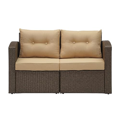SUNVIVI OUTDOOR Wicker Loveseat Patio Furniture Corner Sofa, 2-Piece All-Weather Wicker Rattan Outdoor Sectional Couch Sofa Set with Brown Non-Slip Cushions, Aluminum Frame(Brown/Beige)