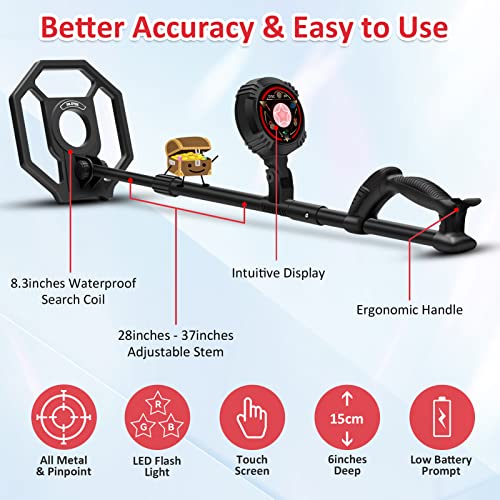 DR.ÖTEK Metal Detector for Kids, 8.3 Inch Waterproof Junior Metal Detector with Innovative Search Coil, Exclusive DIC/Pinpoint Mode, Touch Screen, Adjustable Stem, LED Display & Buzzer, Easy to Use