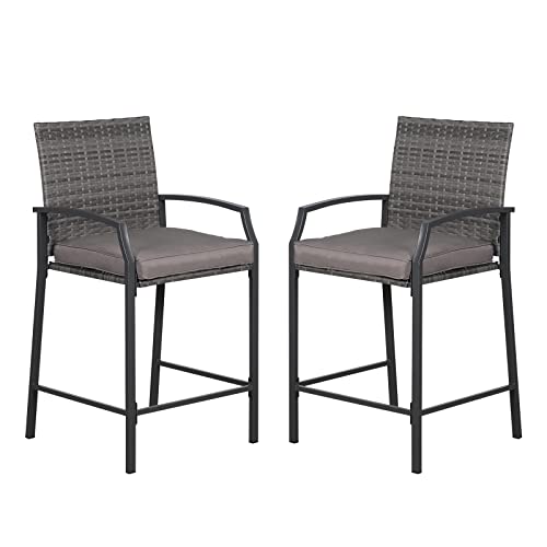 JOIVI Outdoor Wicker Bar Stools Set of 2, Patio Rattan Counter Height Chairs with Cushions, Armrest and Footrest for Indoor, Garden, Poolside, Lawn, Backyard