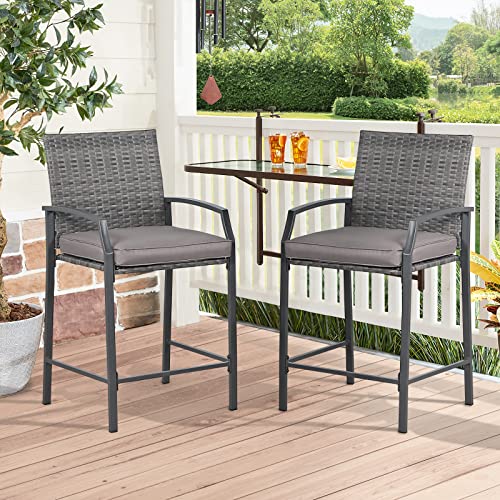 JOIVI Outdoor Wicker Bar Stools Set of 2, Patio Rattan Counter Height Chairs with Cushions, Armrest and Footrest for Indoor, Garden, Poolside, Lawn, Backyard