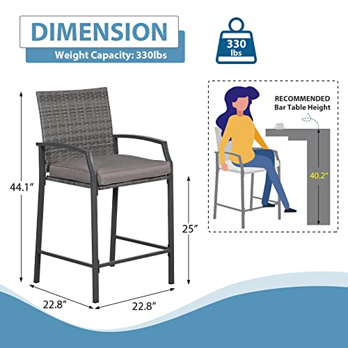 JOIVI Outdoor Wicker Bar Stools Set of 2, Patio Rattan Counter Height Chairs with Cushions, Armrest and Footrest for Indoor, Garden, Poolside, Lawn, Backyard