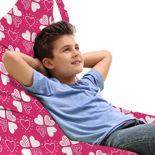 Ambesonne Romantic Lounger Chair Bag, Continuous Hand Drawn Hearts as Clover Leaves Monochrome Valentine's Day, High Capacity Storage with Handle Container, Lounger Size, Hot Pink and White