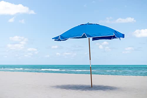 AMMSUN 7.5ft Heavy Duty HIGH Wind Beach Umbrella Commercial Grade Patio Beach Umbrella frames with Air Vent Ash Wood Pole & Carry Bag UV 50+ Protection Blue