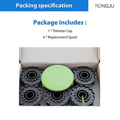 RONGJU 6 Pack Weed Eater Spool for Greenworks 21332 21342 24V 40V 80V Trimmer 16ft 0.065β Single Line String Trimmer Replacement Spool 29252 with 3411546A-6 Spool Cap Covers (6 Spools, 1 Cap)