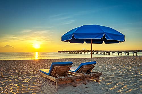 AMMSUN 7.5ft Heavy Duty HIGH Wind Beach Umbrella Commercial Grade Patio Beach Umbrella frames with Air Vent Ash Wood Pole & Carry Bag UV 50+ Protection Blue