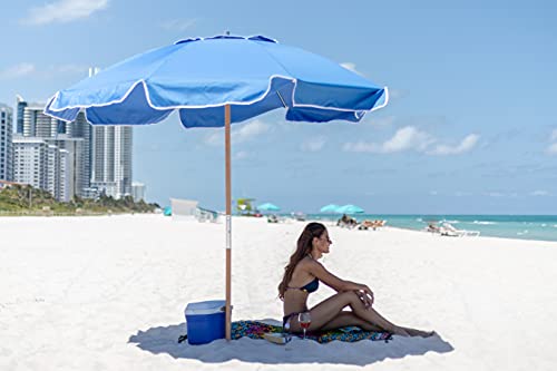 AMMSUN 7.5ft Heavy Duty HIGH Wind Beach Umbrella Commercial Grade Patio Beach Umbrella frames with Air Vent Ash Wood Pole & Carry Bag UV 50+ Protection Blue