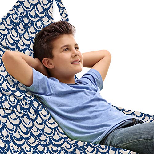 Ambesonne Ethnic Lounger Chair Bag, Hand Drawn Style Indonesian Batik Pattern with Curves and Small Triangles, High Capacity Storage with Handle Container, Lounger Size, Navy Blue and Cream