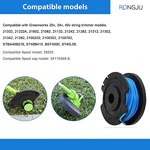 RONGJU 6 Pack Weed Eater Spool for Greenworks 21332 21342 24V 40V 80V Trimmer 16ft 0.065β Single Line String Trimmer Replacement Spool 29252 with 3411546A-6 Spool Cap Covers (6 Spools, 1 Cap)