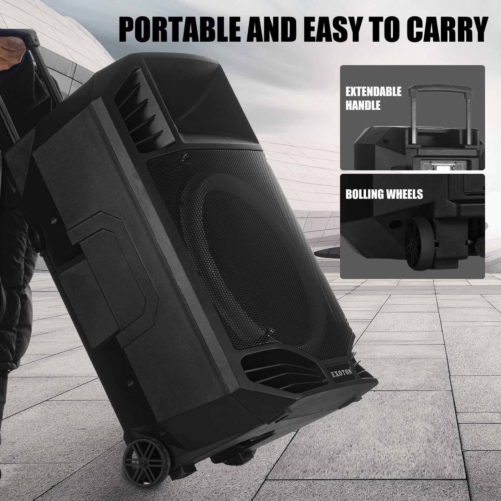 PA Speaker System - Active Bluetooth Compatible Speaker with USB, 15 inch Rechargeable Powered Dj, 2 Wireless Microphone.