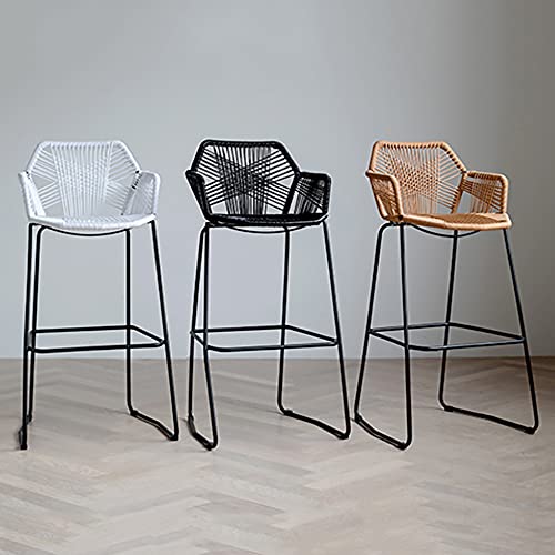 MMQQ Beige Bar Chairs Outdoor Patio Wicker Rattan Barstools Chair with Footrest & Back, Counter Height Kitchen Stools with Black Metal Leg, for Kitchen/Pub/Café