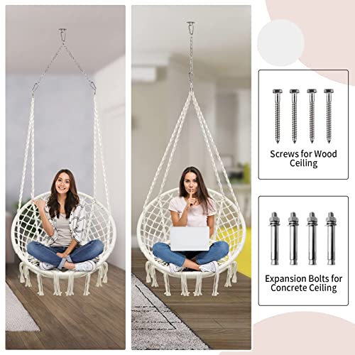 SURPCOS Hammock Chair Macrame Swing, Upgraded Max 550 Lbs Hanging 100% Cotton Rope Swing Chair with Stainless Steel Hardware Kits, Macrame Swing for Indoor and Outdoor Use (Beige)
