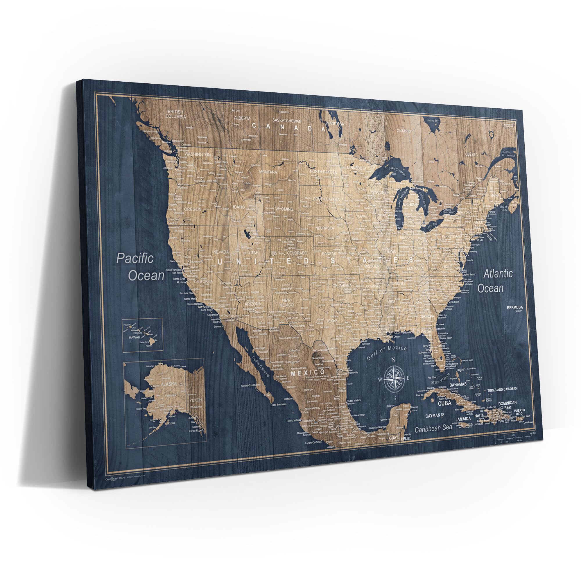 Conquest Maps Push Pin USA Map Board - with Push Pins to Mark USA Travel - Handmade in Ohio, USA - Design: Deep-Sea Drift (48" x 32")