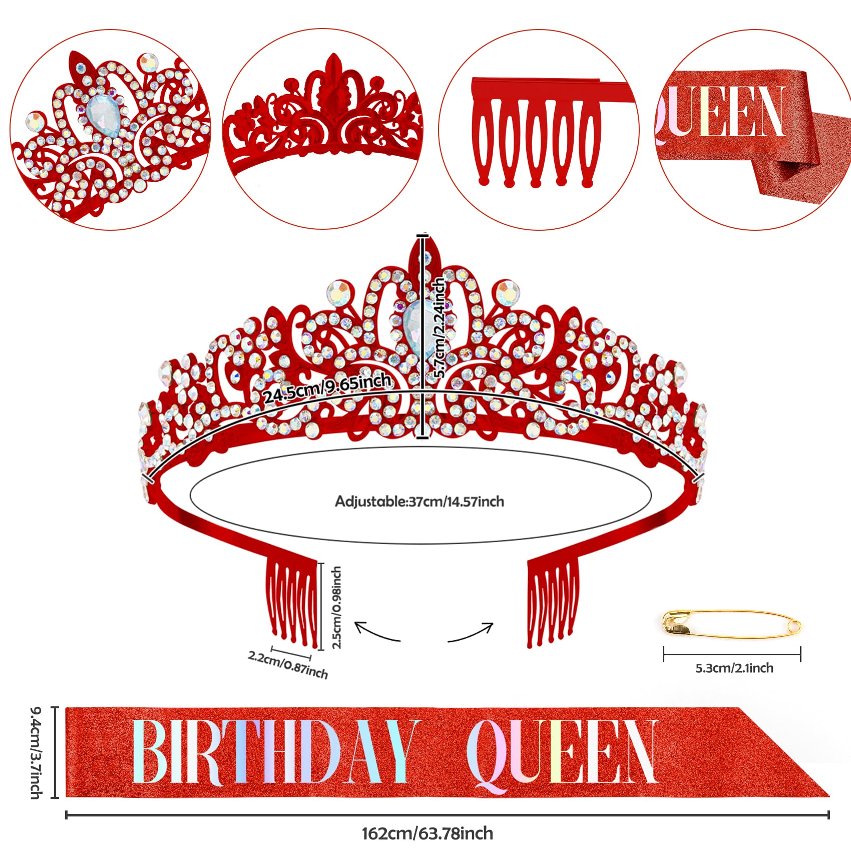 Red Birthday Queen Sash, Tiara and Headband Set - Decorations for Women and Girls