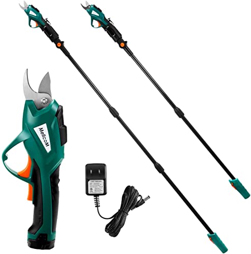 MELLCOM Electric Pruning Shears, Cordless Pruning Shears with 5.1/6.6 Ft High Telescopic Pole, Lithium Battery Powered, with Safety Protection, Green