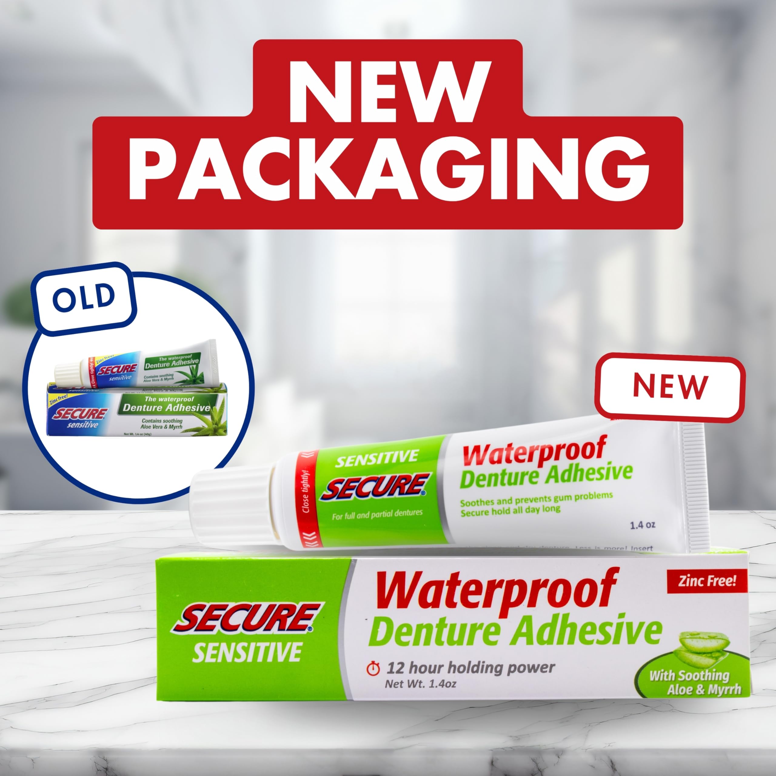 Secure Sensitive Gums Waterproof Denture Adhesive Zinc Free with Aloe Vera & Myrrh - Extra Strong 12 Hour Hold - 1.4 oz