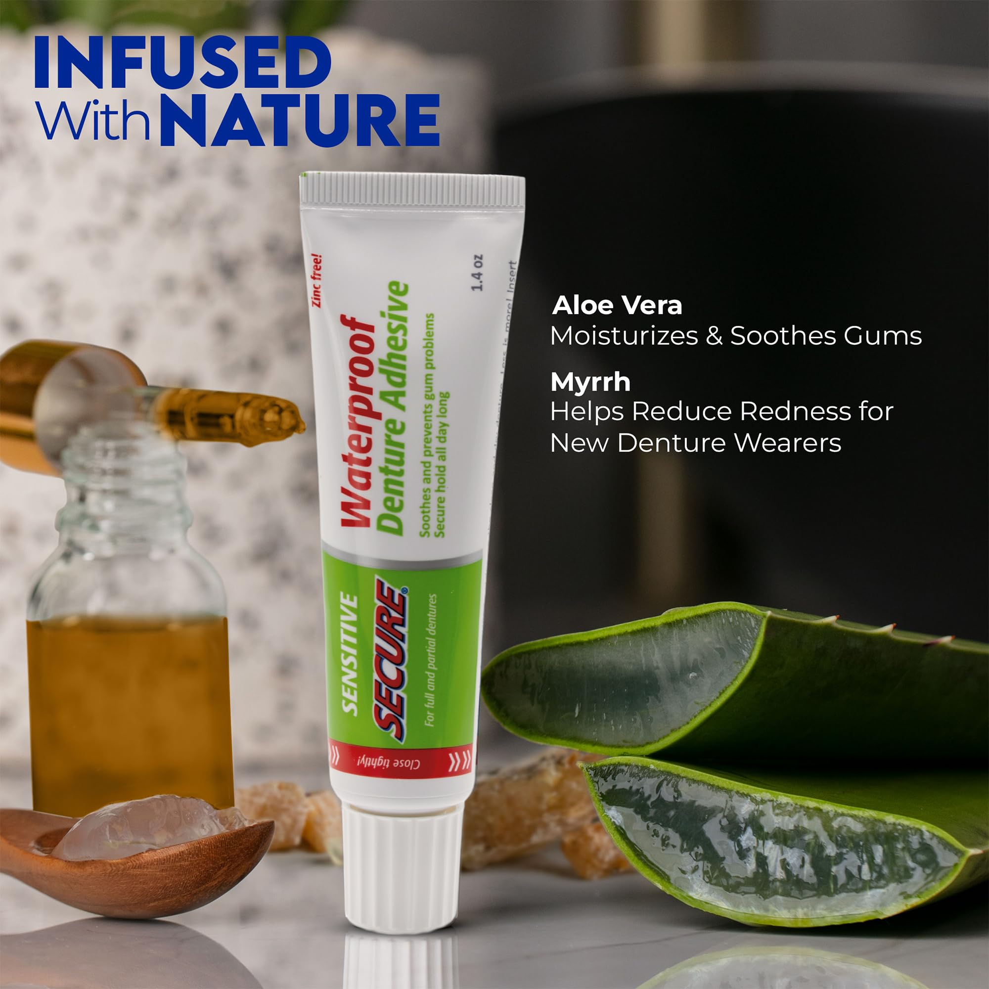 Secure Sensitive Gums Waterproof Denture Adhesive Zinc Free with Aloe Vera & Myrrh - Extra Strong 12 Hour Hold - 1.4 oz