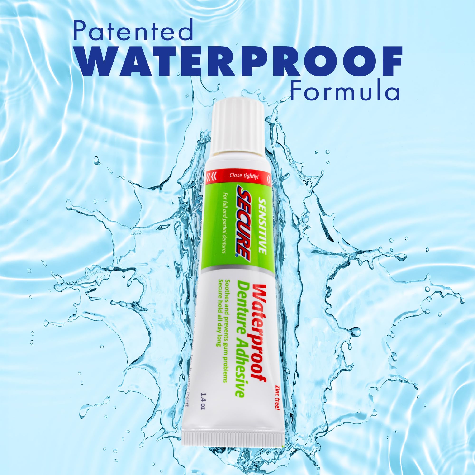 Secure Sensitive Gums Waterproof Denture Adhesive Zinc Free with Aloe Vera & Myrrh - Extra Strong 12 Hour Hold - 1.4 oz