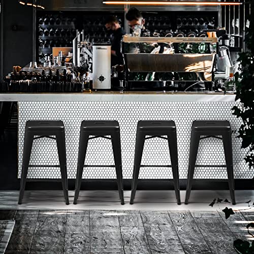 24 Inch Metal Bar Stools Set of 4, MoNiBloom Backless Counter Height Black Stackable Barstools with Square Seat for Indoor Outdoor