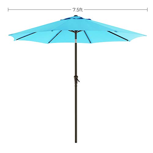 SONGMICS 7.5 ft Outdoor Umbrella, 8 Ribs, UPF 50+, Tilt and Crank, Base Not Included, for Deck, Patio, Garden, Pool, Lake Blue