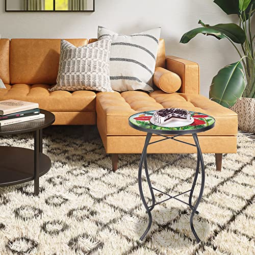 MUMTOP Outdoor Side Table - Small Mosaic Patio Table, Poppy 14β Accent Round Side Table Glass Plant Stand for Garden Patio Living Room