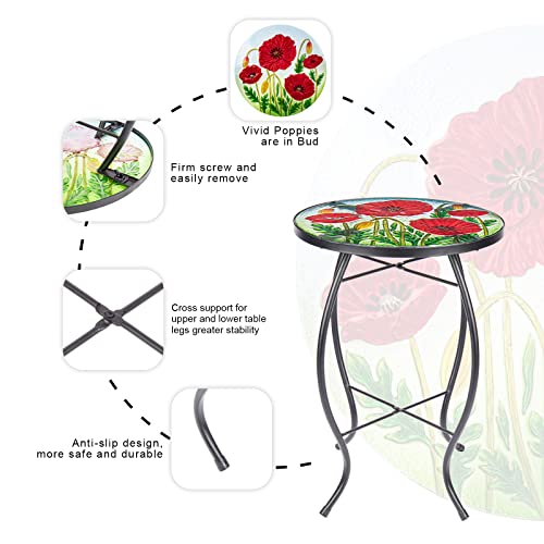 MUMTOP Outdoor Side Table - Small Mosaic Patio Table, Poppy 14β Accent Round Side Table Glass Plant Stand for Garden Patio Living Room