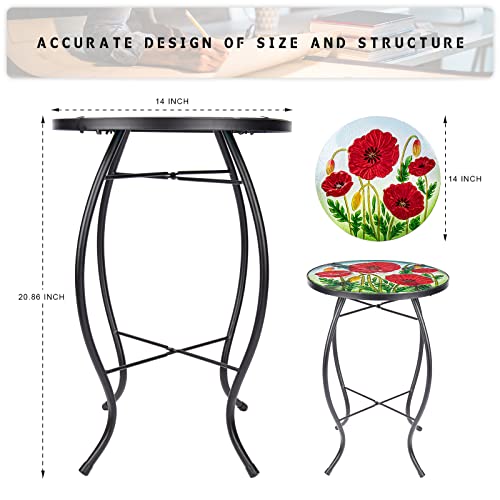 MUMTOP Outdoor Side Table - Small Mosaic Patio Table, Poppy 14β Accent Round Side Table Glass Plant Stand for Garden Patio Living Room