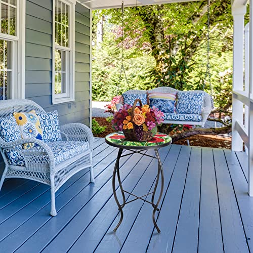 MUMTOP Outdoor Side Table - Small Mosaic Patio Table, Poppy 14β Accent Round Side Table Glass Plant Stand for Garden Patio Living Room