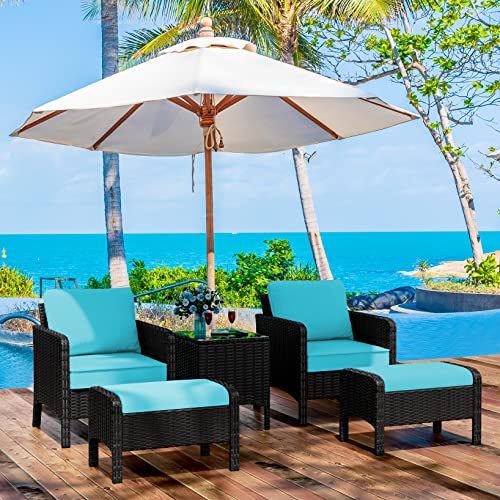 Increkid 5 Pieces Wicker Patio Furniture Set, Outdoor Rattan Conversation Chair Set w/Ottomans, Coffee Table, Cushions, Poolside Sectional Cushioned Sofa Set for Porch, Balcony, Lawn, Yard, Garden