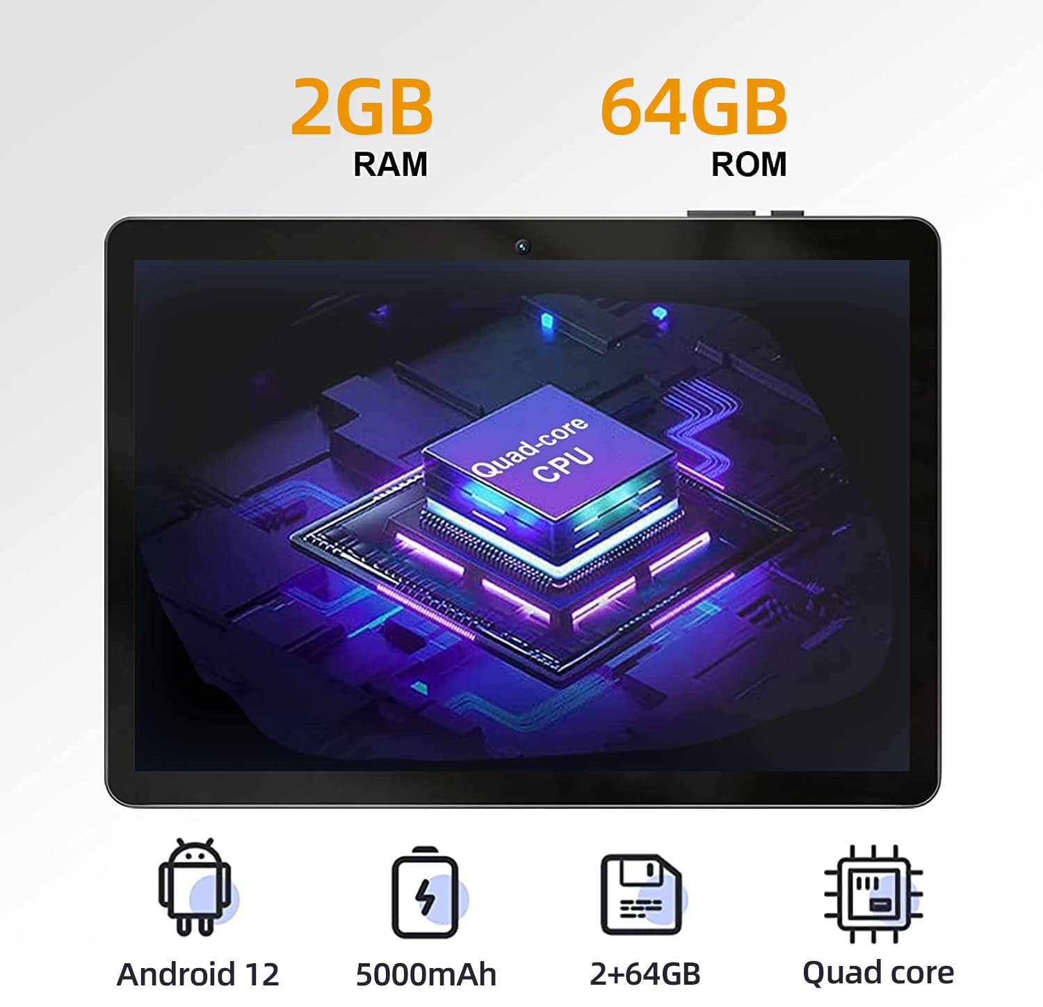 SGIN 10.1 Inches Tablet, Android 12 A133 Quad-Core Processor 1.6GHz, 2GB RAM 64GB ROM, IPS Touch Screen HD 2+5MP Dual Camera, Large Capacity Battery, WiFi, Bluetooth, TF Card 32GB Expansion, Black