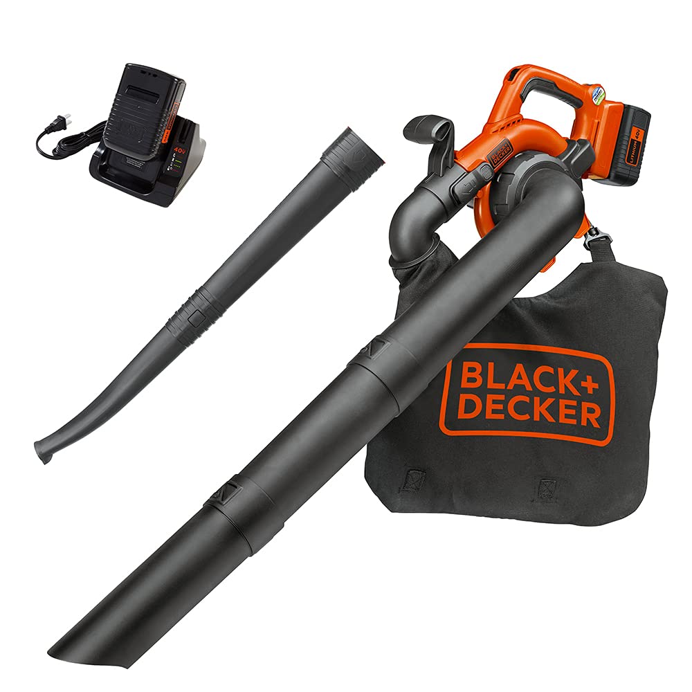 BLACK+DECKER 40V Cordless Leaf Blower Kit, 120 mph Air Speed, 6-Speed Dial, Built-In Scraper, With Collection Bag, Battery and Charger Included (LSWV36)