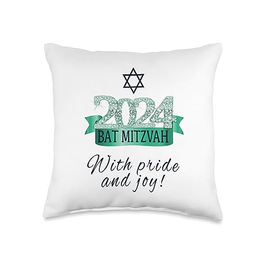 2024 Bar Mitzvah Gifts & Decorations For Boys 2024 Bar Mitzvah Pride & Joy I White Turquoise Banner Decor Throw Pillow, 16x16, Multicolor