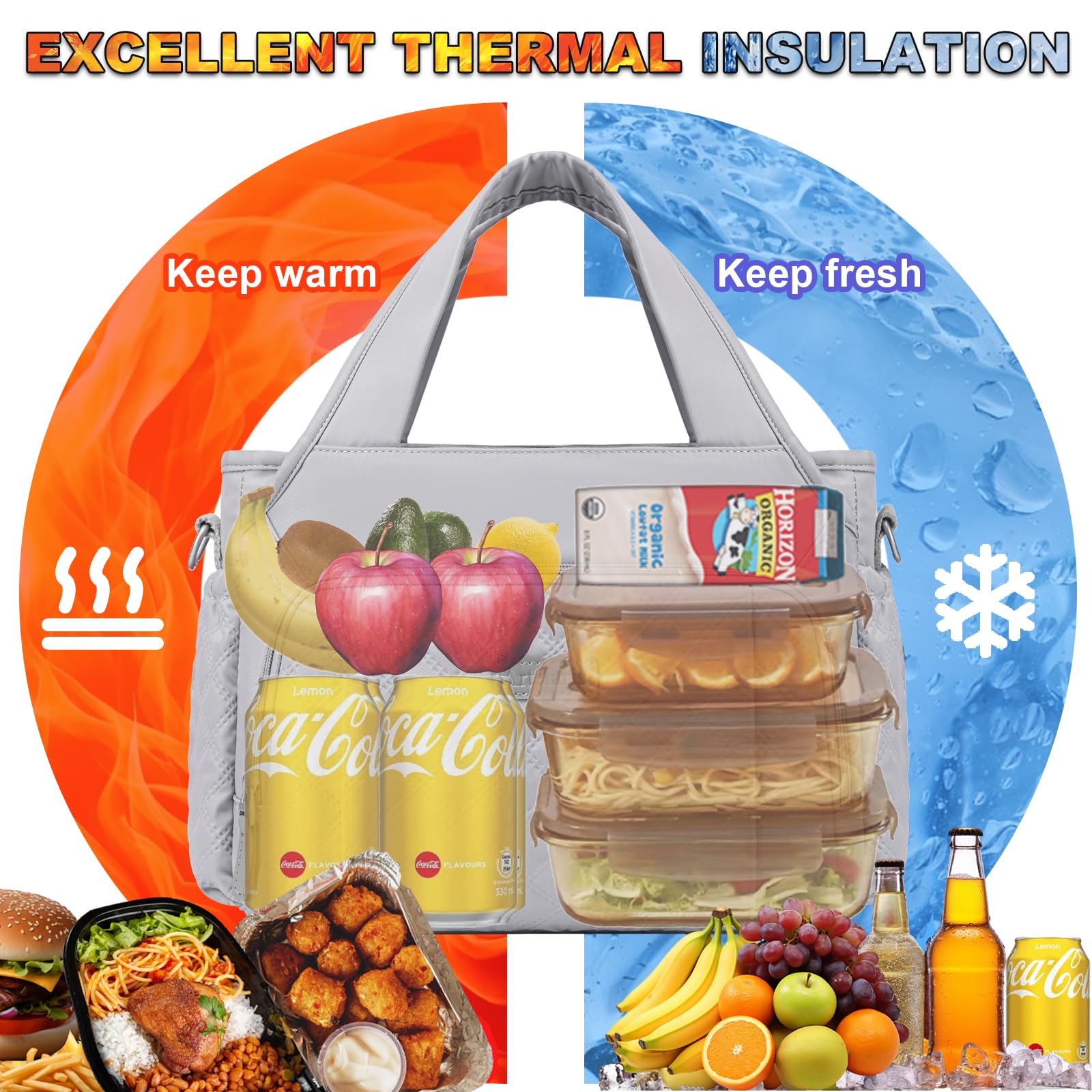 Artelaris Lunch Bag for Women, Insulated Lunch Box for Work, Large Leakproof Cooler Purse with Side Pockets & Removable Shoulder Strap Women's Lunch Tote Bag for Picnic Beach Cute Lunch Bags (Gray)