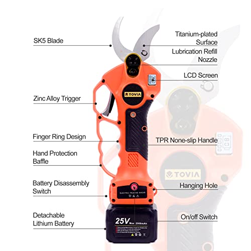 T TOVIA Professional Cordless Electric Pruning Shears Body without Battery, 25V Garden Tree Trimmer with Brushless Motor, 40mm Cutting Diameter, LCD Power Display
