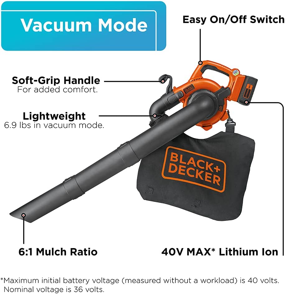 BLACK+DECKER 40V Cordless Leaf Blower Kit, 120 mph Air Speed, 6-Speed Dial, Built-In Scraper, With Collection Bag, Battery and Charger Included (LSWV36)