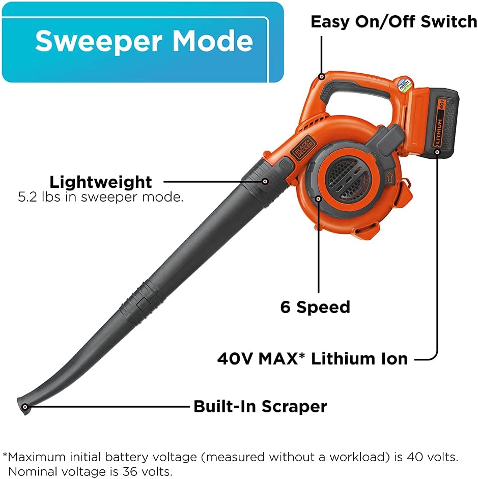 BLACK+DECKER 40V Cordless Leaf Blower Kit, 120 mph Air Speed, 6-Speed Dial, Built-In Scraper, With Collection Bag, Battery and Charger Included (LSWV36)