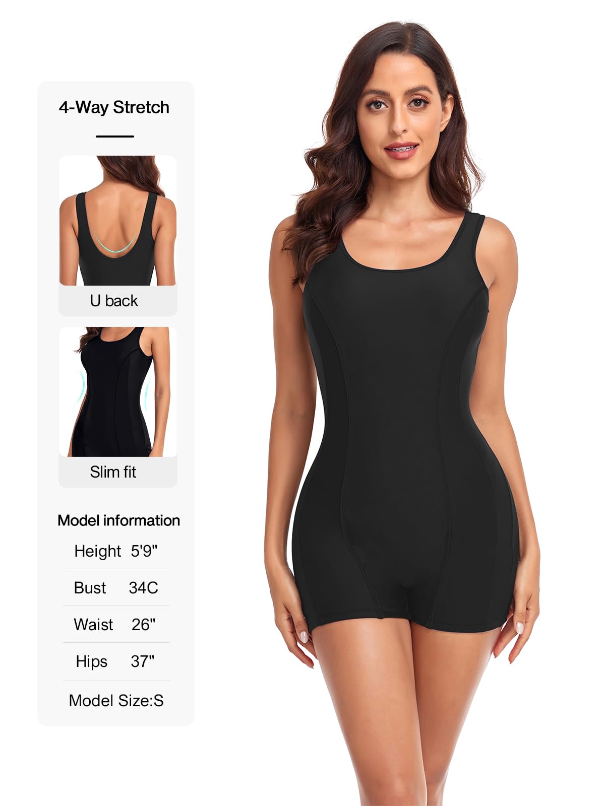 Ocean Blues Women's Black Athletic Boyshorts One Piece Bathing Suit with Contrasting Panels Swimsuits Built-in Bra Active Swimwear Size XXX-Large