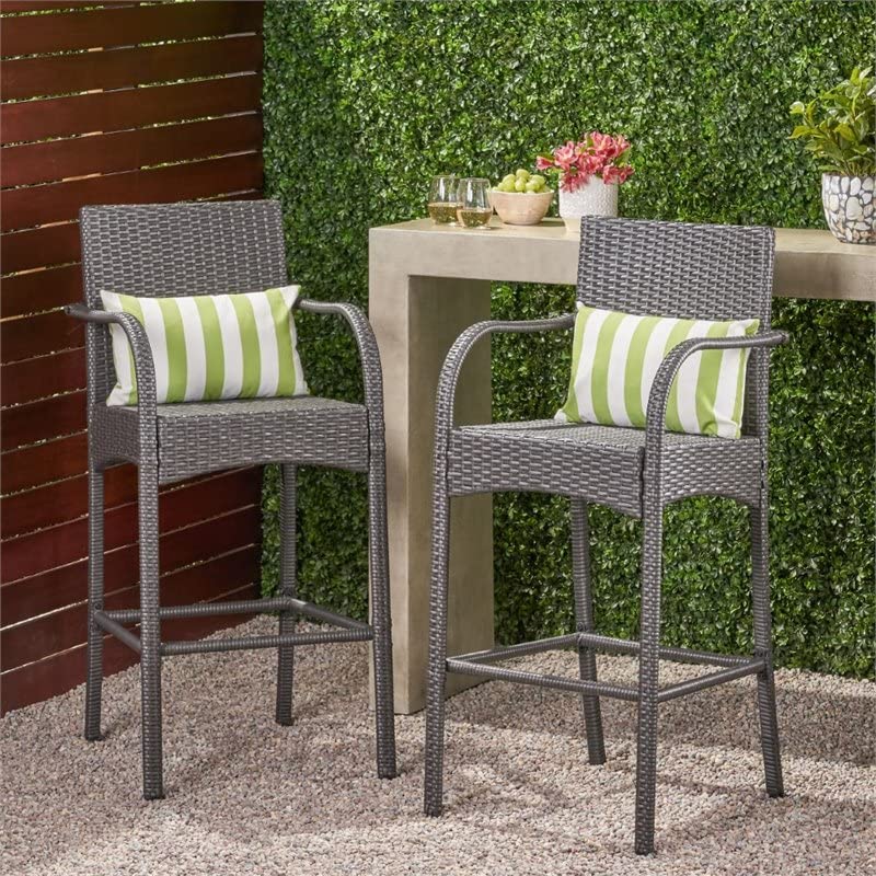 GDF Studio Dora Outdoor Wicker Barstool Chair (Set of 2), Gray