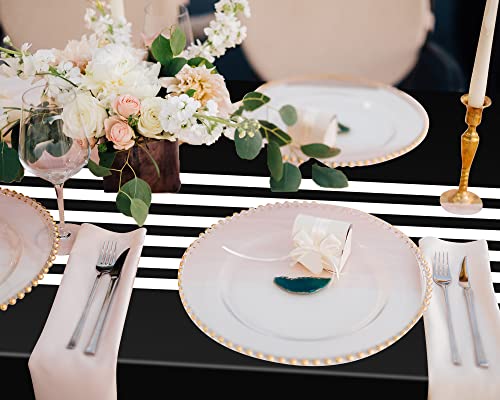 Disposable Boho Black and White Striped Tablecloth, 86 x 54 Inch Rectangle Plastic Table Cover for Birthday Party, Wedding, Reception, Bridal Showers Modern Wedding Party Decoration (3 Pieces)