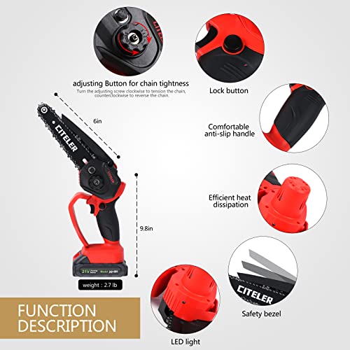 CITELER Mini Chainsaw, 6 Inch Mini Chainsaw Cordless with Safety Lock, 21V Rechargeable Power Chain Saws with 2 Batteries, One-Hand Handheld Small Electric Chainsaw for Fast Branch Wood Cutting