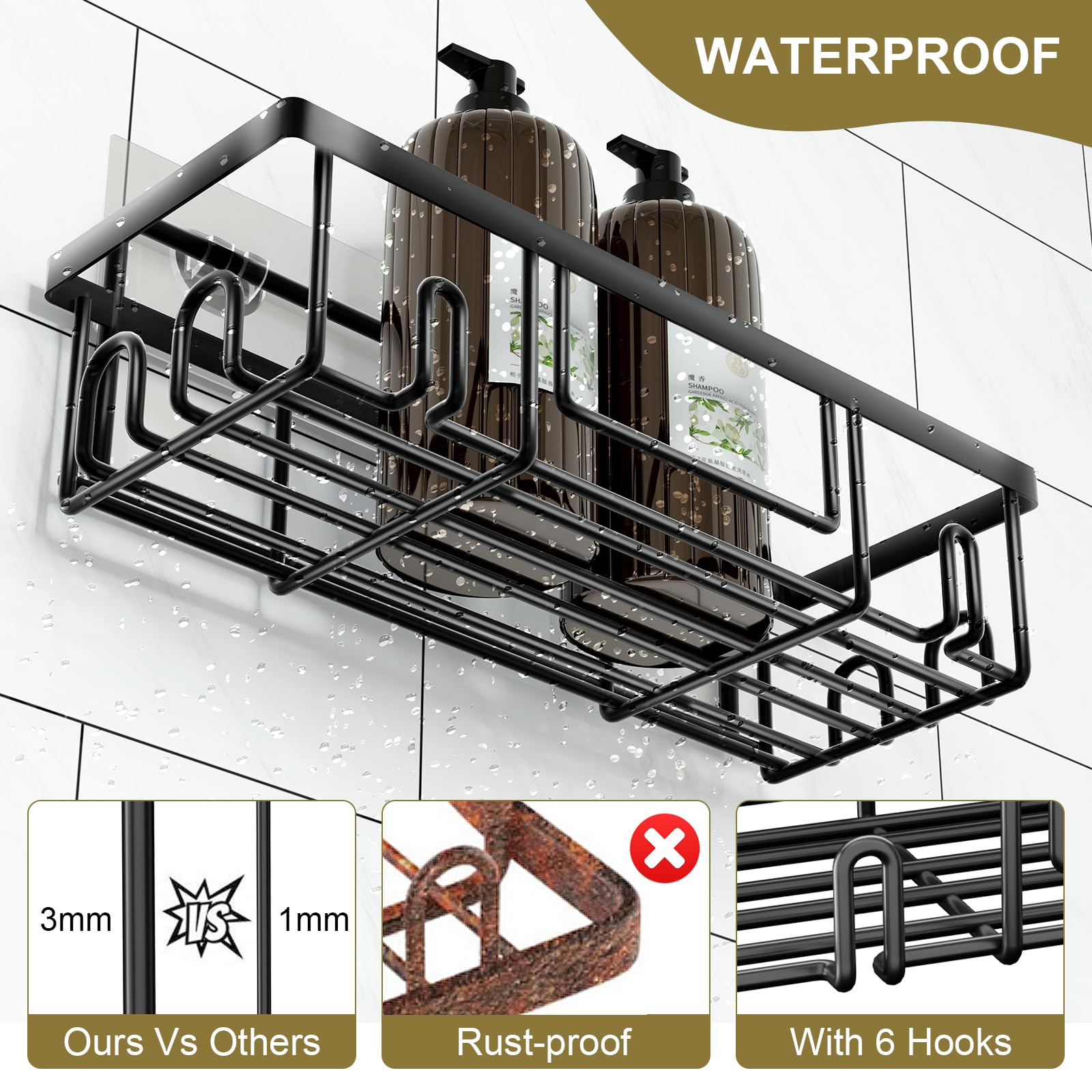 IKOLYS Shower Caddy 2 Packs, Bathroom Shower Organizer Adhesive Shower Basket, Rustproof Stainless Steel Bathroom Shower Storage and Home Decor, Shower Shelf for Bathroom and Kitchen - Black