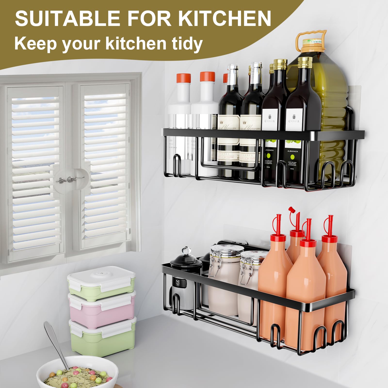 IKOLYS Shower Caddy 2 Packs, Bathroom Shower Organizer Adhesive Shower Basket, Rustproof Stainless Steel Bathroom Shower Storage and Home Decor, Shower Shelf for Bathroom and Kitchen - Black