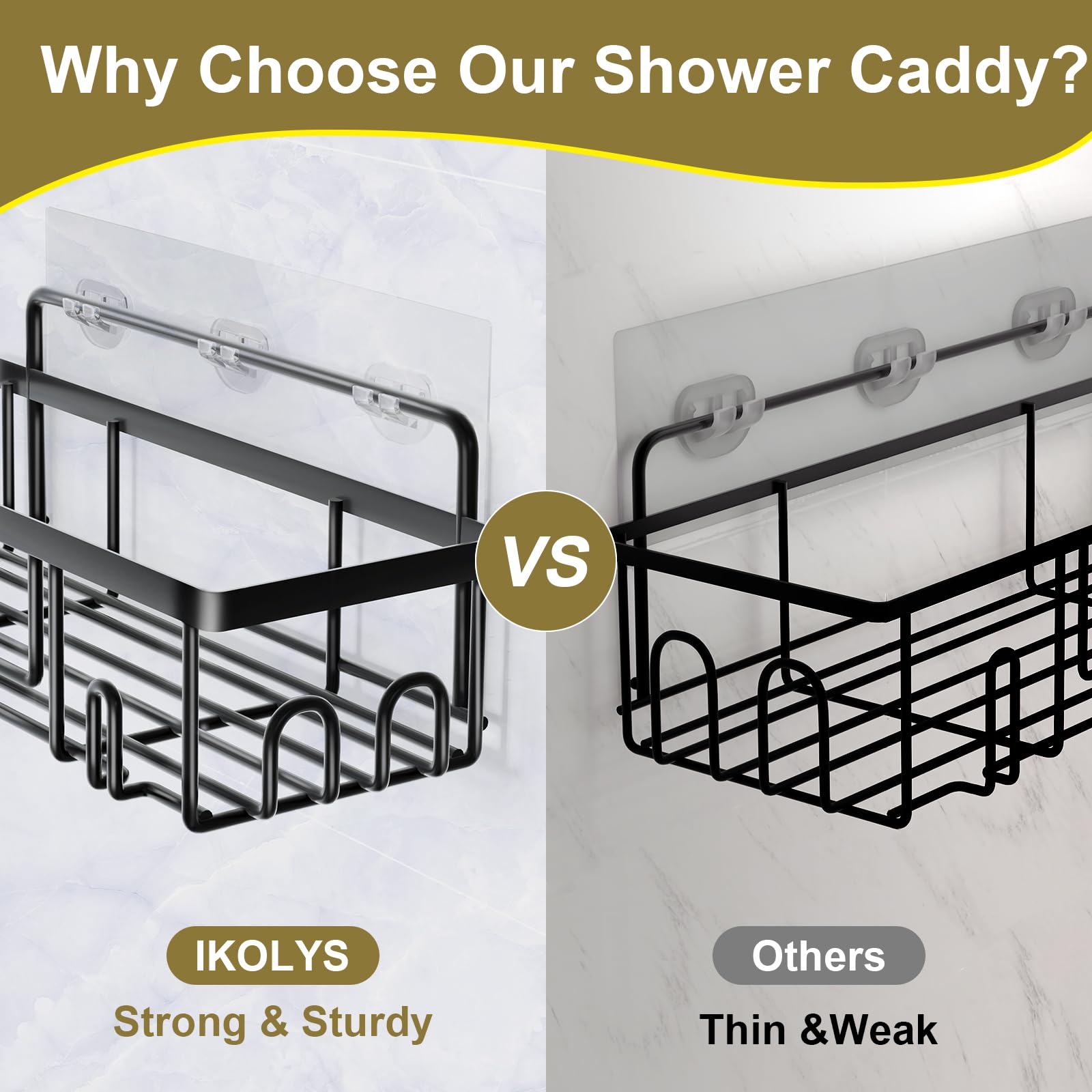 IKOLYS Shower Caddy 2 Packs, Bathroom Shower Organizer Adhesive Shower Basket, Rustproof Stainless Steel Bathroom Shower Storage and Home Decor, Shower Shelf for Bathroom and Kitchen - Black