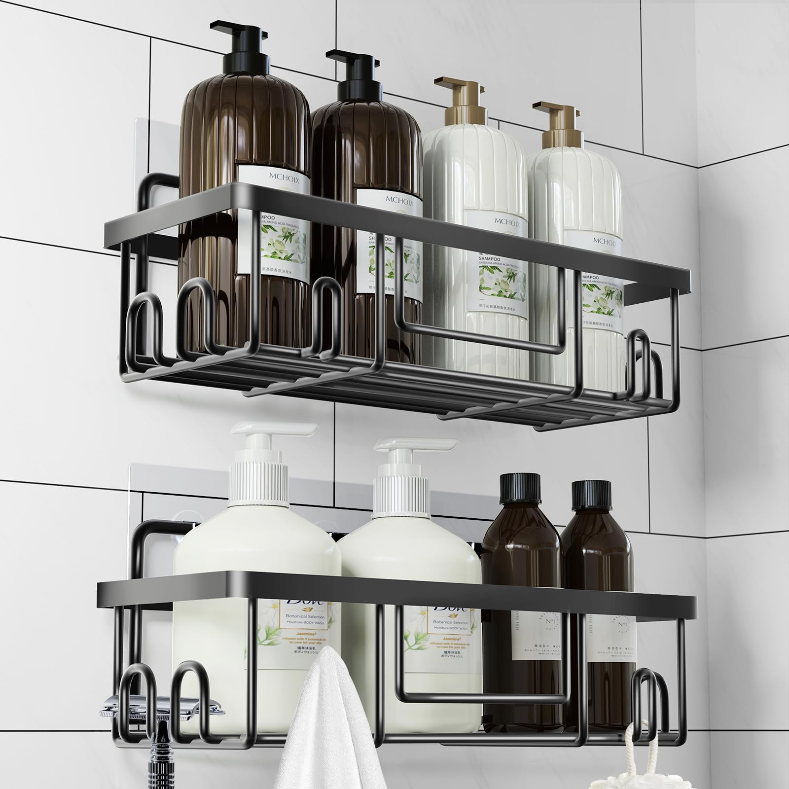 IKOLYS Shower Caddy 2 Packs, Bathroom Shower Organizer Adhesive Shower Basket, Rustproof Stainless Steel Bathroom Shower Storage and Home Decor, Shower Shelf for Bathroom and Kitchen - Black