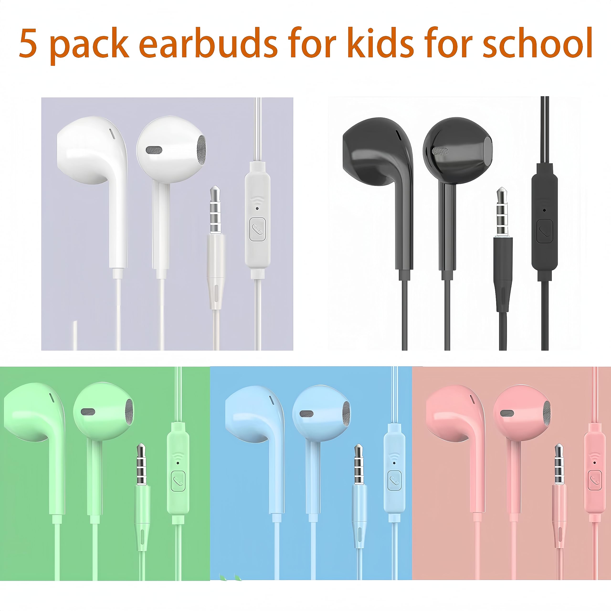 Earbuds Wired with Microphone 5 Pack, wired earbuds for school, Earphones with Powerful Heavy Bass Stereo, Noise Isolating, Ear Buds Compatible with Android, iPhone, iPod, iPad, and Most 3.5mm Jack